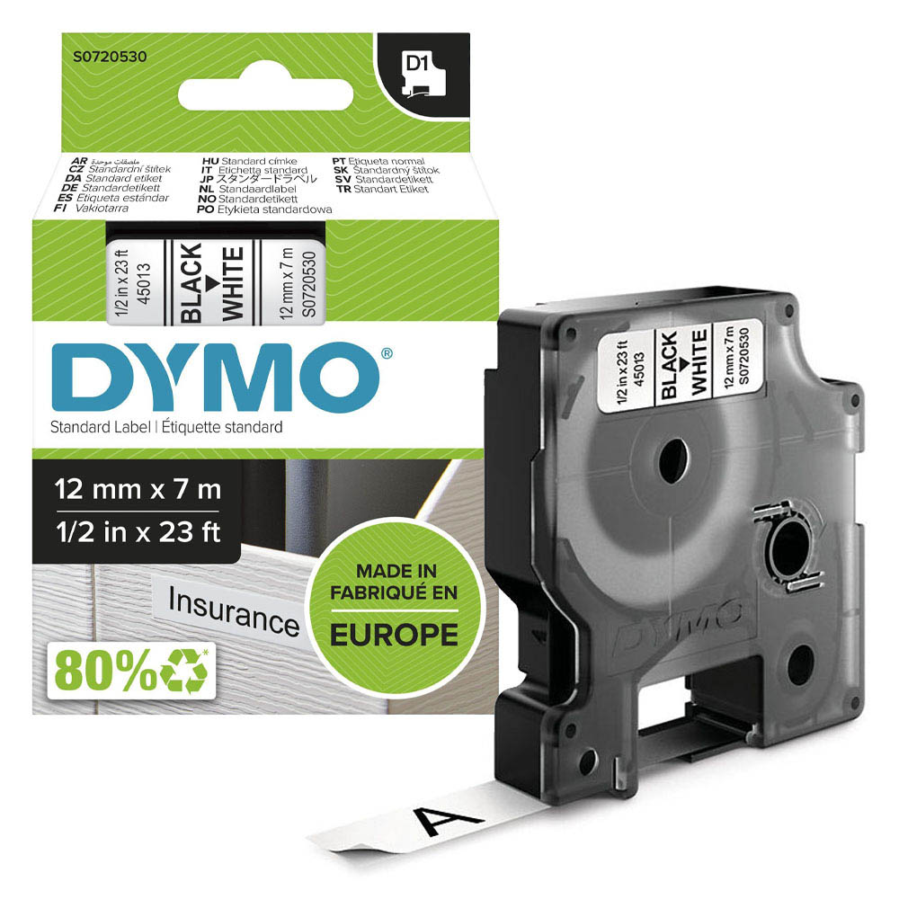 DYMO Schriftband D1 45013 S0720530, 12 mm schwarz auf weiß | office discount